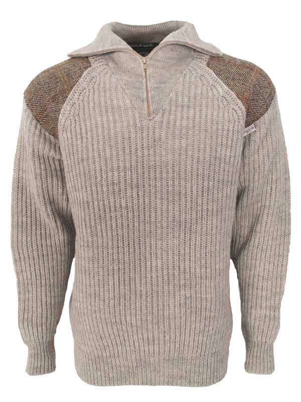 Zip sweater with Harris Tweed patches Natural - Black Tie