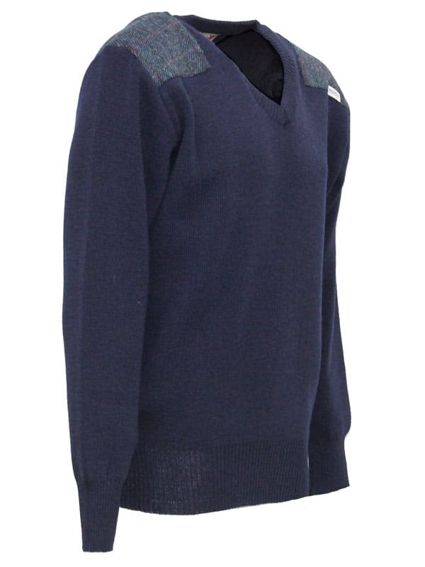 Vee neck sweater with Harris Tweed patches Navy - Black Tie