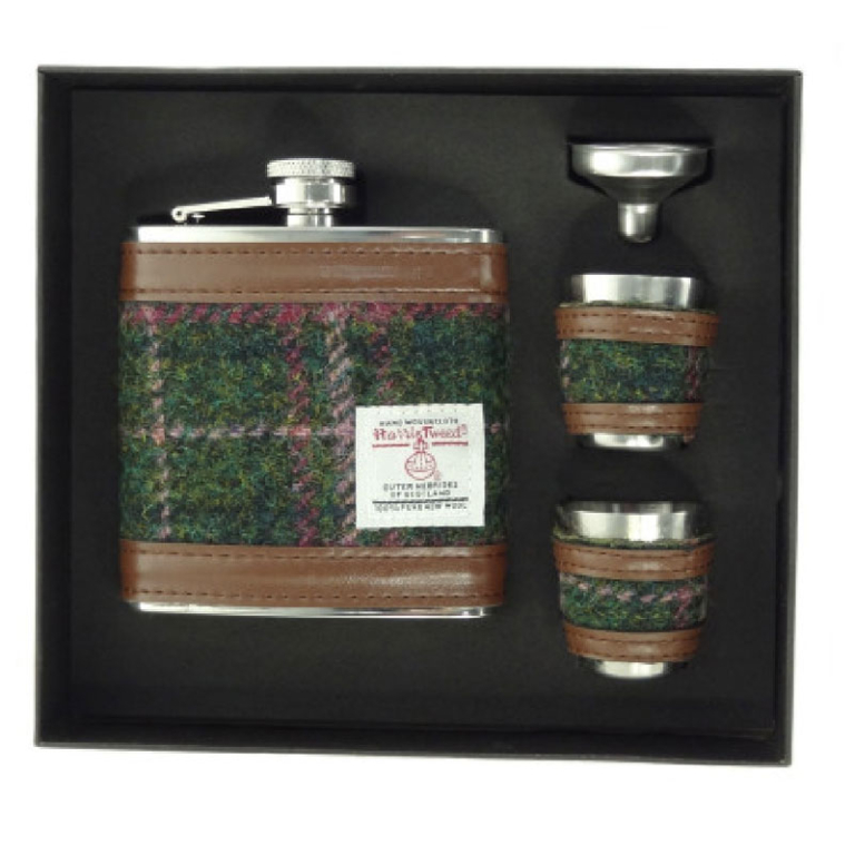 Harris Tweed Hip Flask Gift Set in Dark Green and Plum - Black Tie