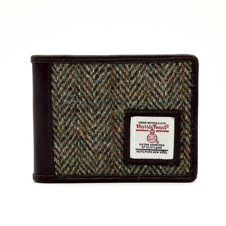 Harris Tweed Bifold Coin Wallet In Country Green - Black Tie