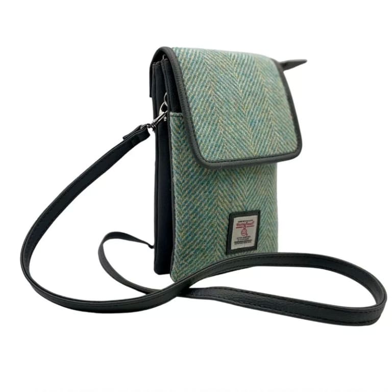 Harris Tweed Mini Crossbody Bag in Turquoise Herringbone - Black Tie