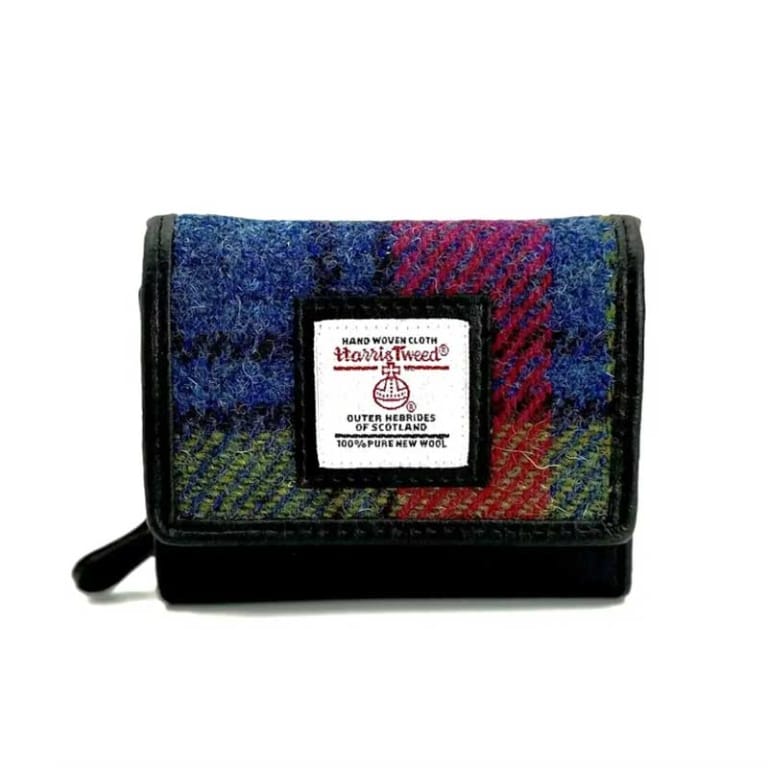 Harris Tweed Trifold Purse In Blue/Pink Check - Black Tie