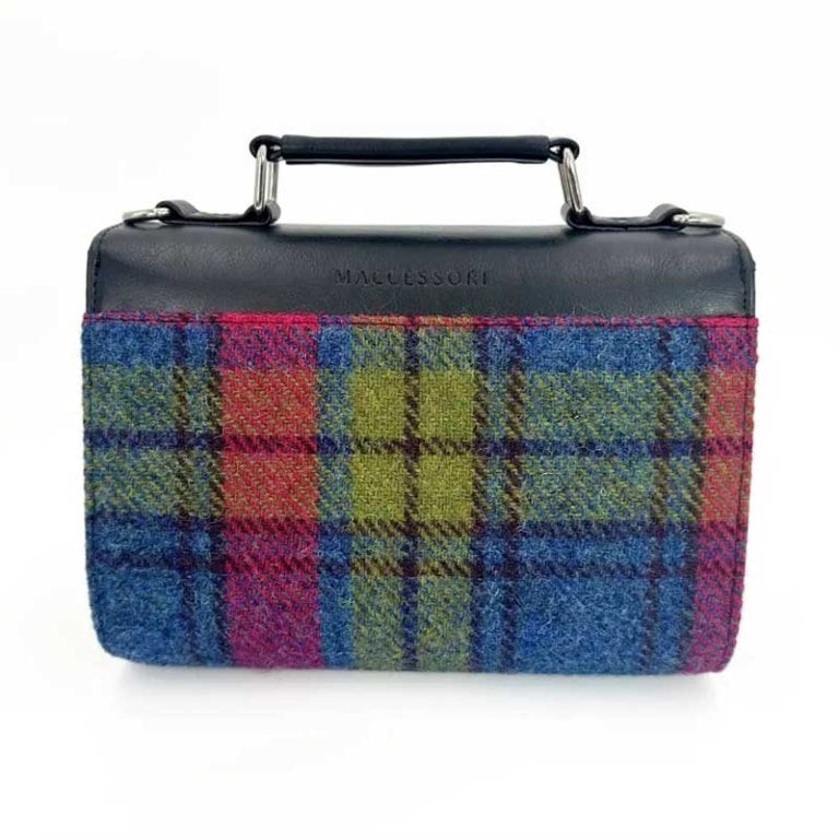 Harris Tweed Mini Day Bag In Blue/Pink Check - Black Tie