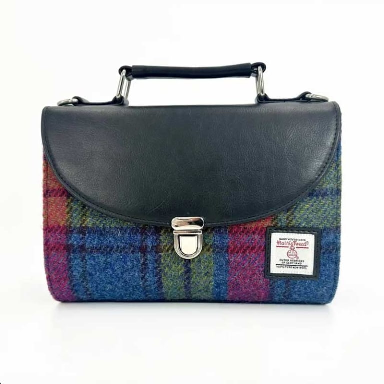 Harris Tweed Mini Day Bag In Blue/Pink Check - Black Tie