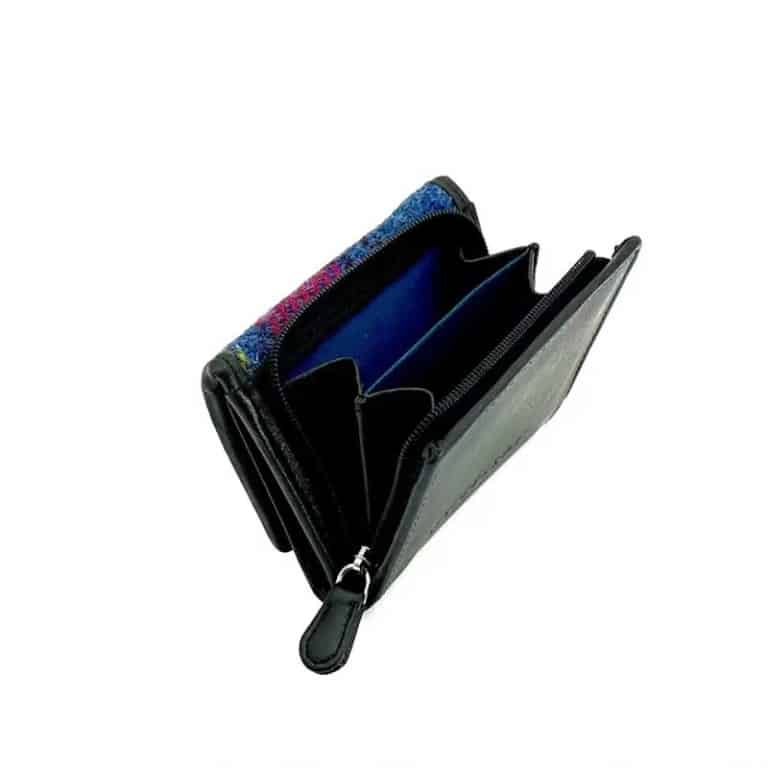 Harris Tweed Trifold Purse In Blue/Pink Check - Black Tie