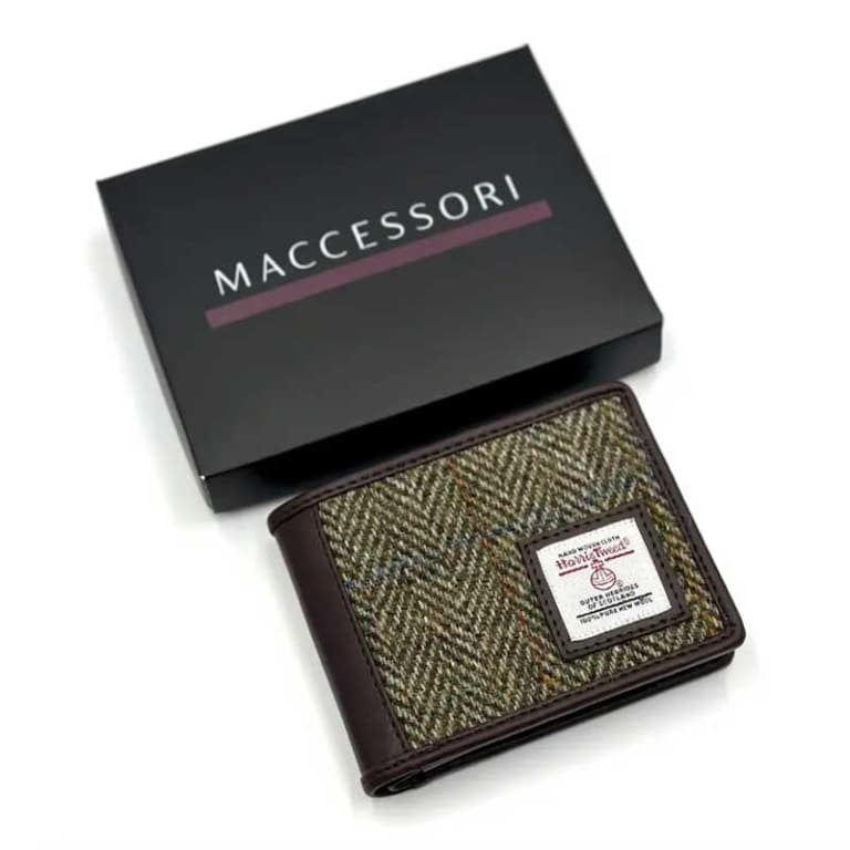 Harris Tweed Bifold Coin Wallet In Country Green - Black Tie