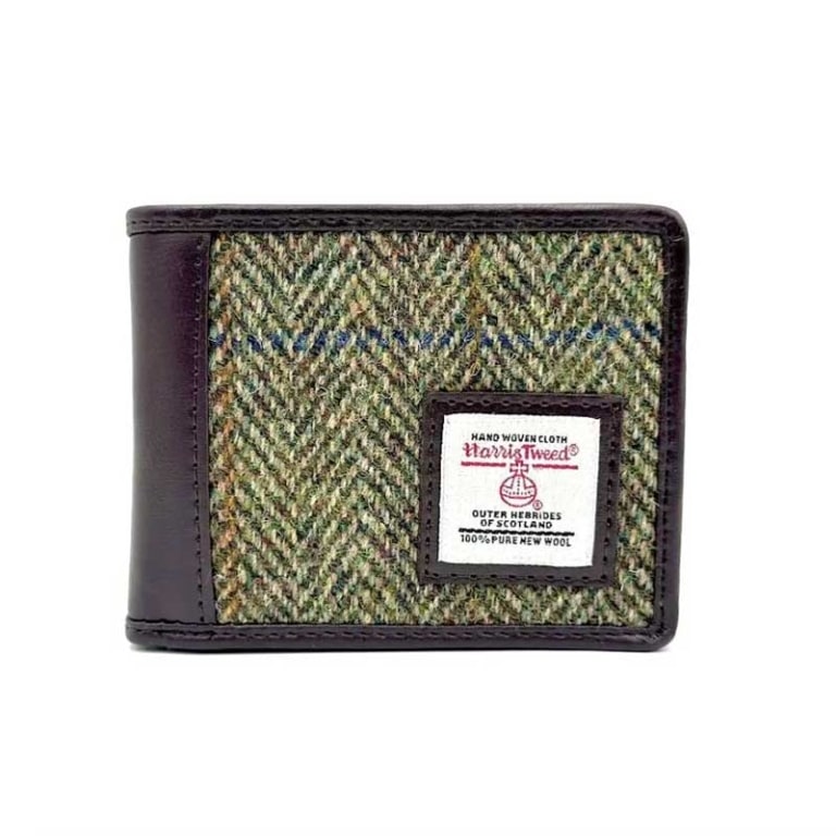 Harris Tweed Bifold Wallet In Country Green - Black Tie