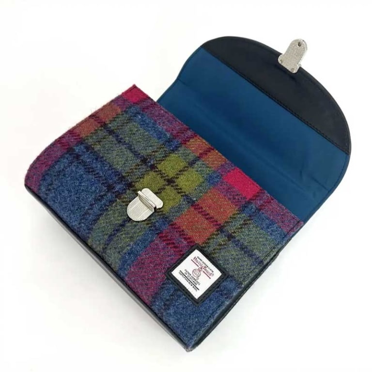 Harris Tweed Mini Day Bag In Blue/Pink Check - Black Tie