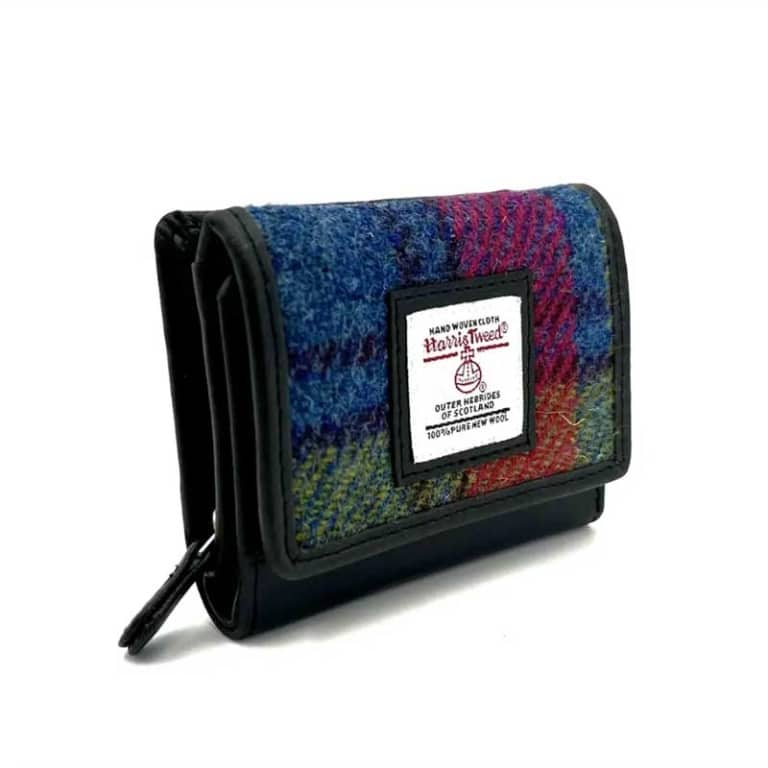 Harris Tweed Trifold Purse In Blue/Pink Check - Black Tie