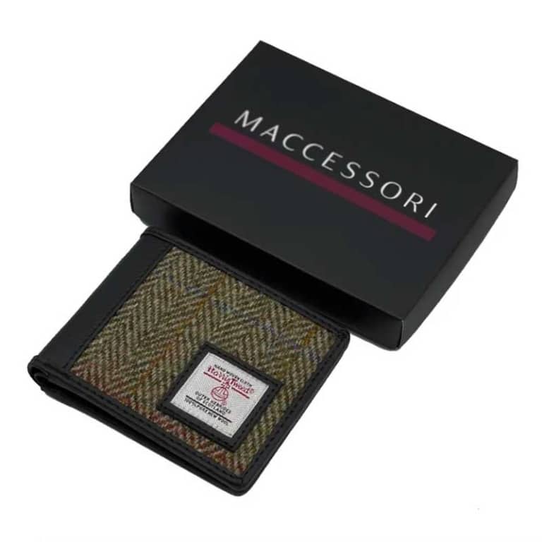 Harris Tweed Bifold Wallet In Country Green - Black Tie